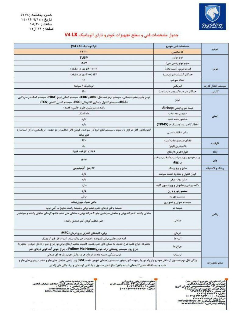 اعلام مشخصات تیپ Lx تارا V4 توسط ایران خودرو وبلاگ کارنامه